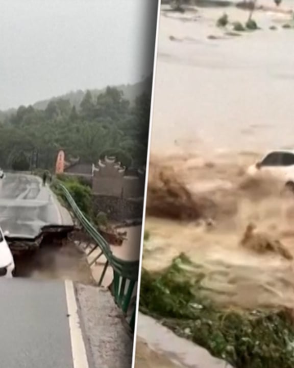Ooggetuige filmt hoe auto in rivier stort na instorting brug in China ...
